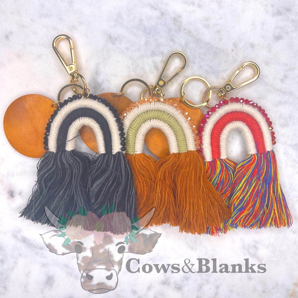 Rainbow Bohemian Macrame Keychain with Dark Disc – Cows and Blanks